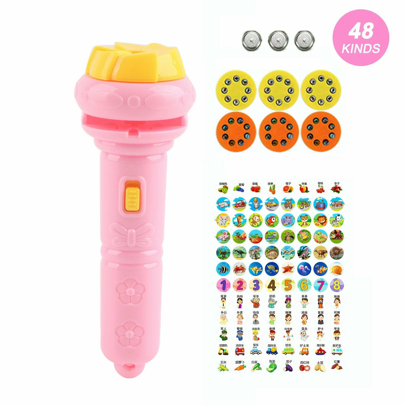 Детский проектор-фонарик с различными рисунками животных, проектор для раннего образования, науки, светящаяся игрушка, розовый (48 моделей)