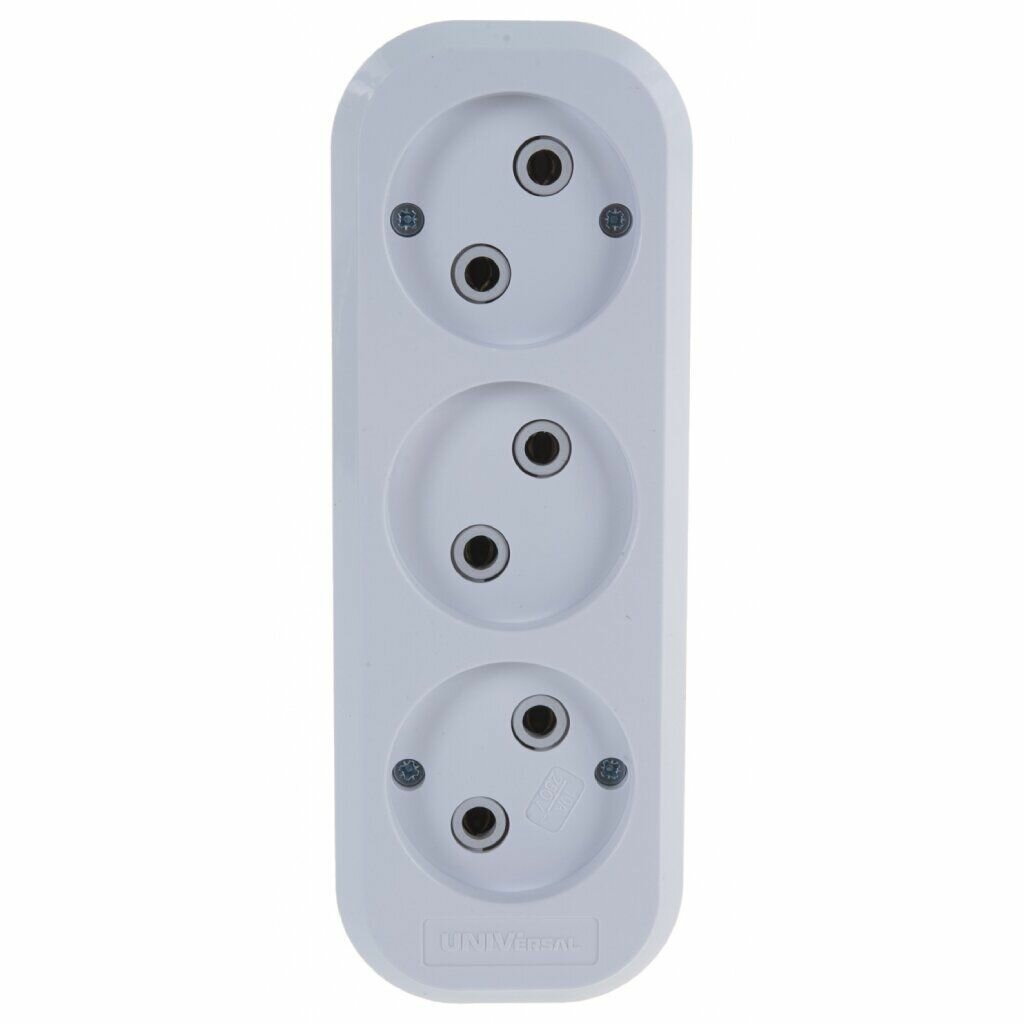 Корпус удлинителя Universal 3 гнезда, 3 полюса, без заземления, 10 А, 2,2 кВт, белый