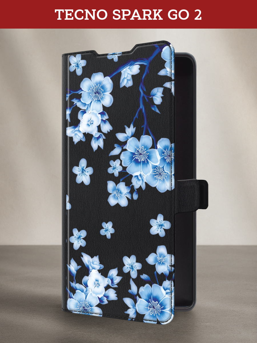 Чехол-книжка на Tecno Spark Go 2 / Текно Спарк Го 2 с принтом Голубые бутоны, черный