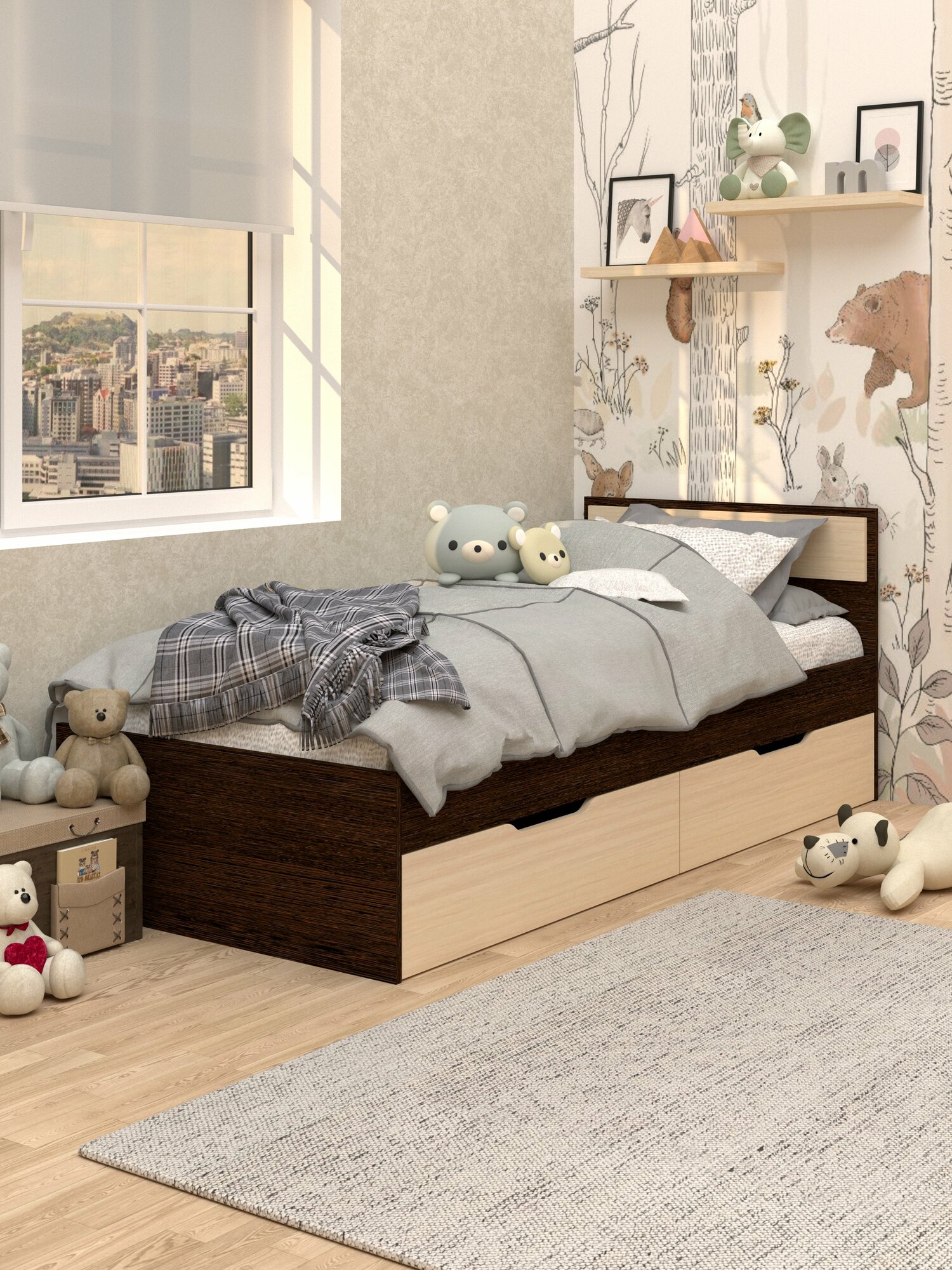 Есэндвич Монако Кровать 90х200 односпальная 203х78х93 см (Венге/Выбеленный Дуб) с ящиками