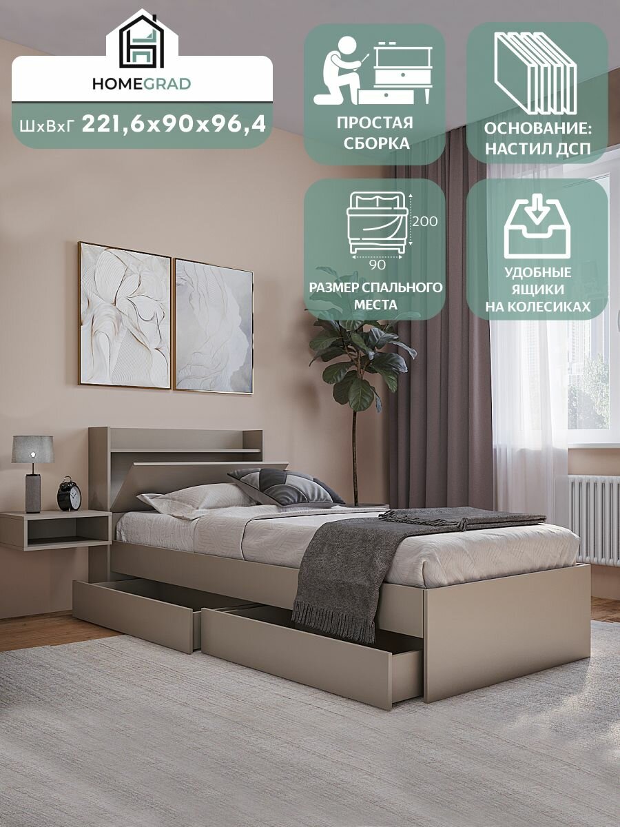 Кровать с ящиками и головной нишей HomeGrad Astra, 90х200 см, кашемир