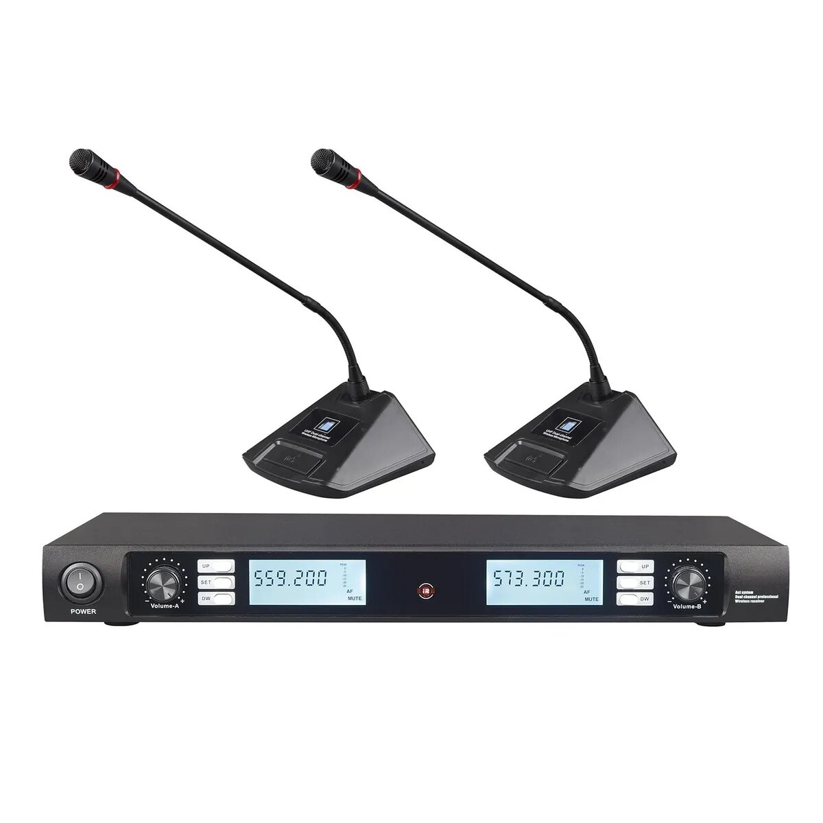 Двойная беспроводная микрофонная система конференц-зала UHF, 2-канальный настольный микрофон на гусиной шее для церковных школьных собраний