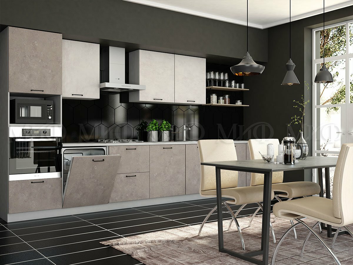 Кухня Техно 4,2м Бетон светлый/ Пластер бьянко, столешница Антарес