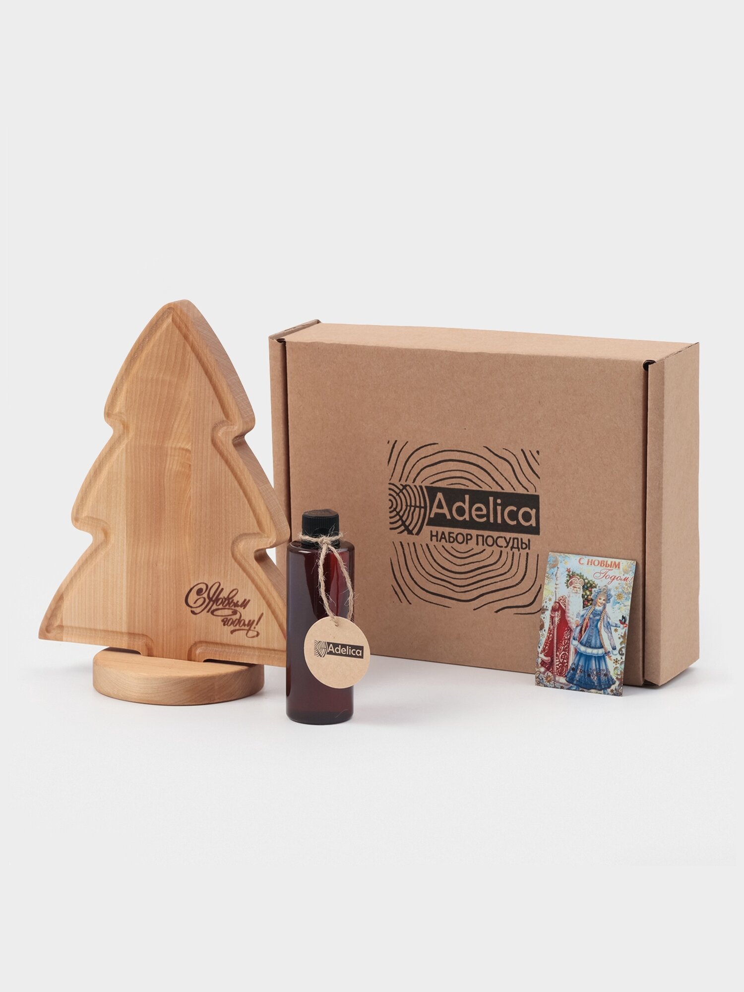 Подарочный набор деревянной посуды Adelica «С Новым Годом», сервировочная доска елочка на подставке 22×18 см, масло 100 мл, магнит