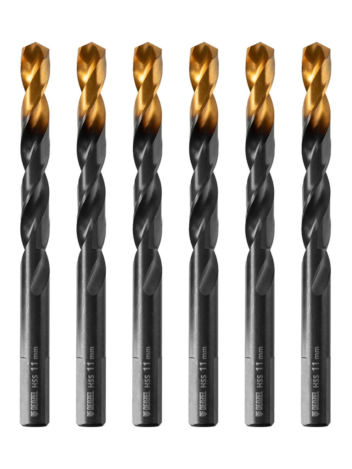 Сверло по металлу Denzel Golden Tip, 11 мм, 6 шт, 3-гр. хвостовик, сталь HSS-Tin, пониженный коэффициент трения, 717223