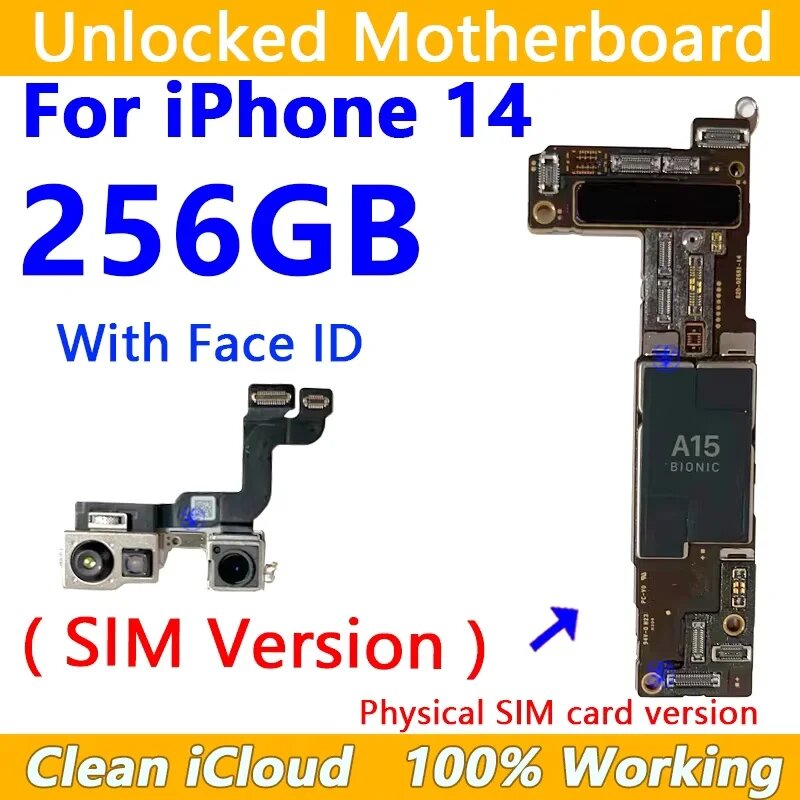 Протестированная материнская плата для iPhone 14, материнская плата с лицевым идентификатором, очищенная iCloud, работающая, разблокированная материнская плата, 128 ГБ/256 ГБ, версия E-SIM/SIM