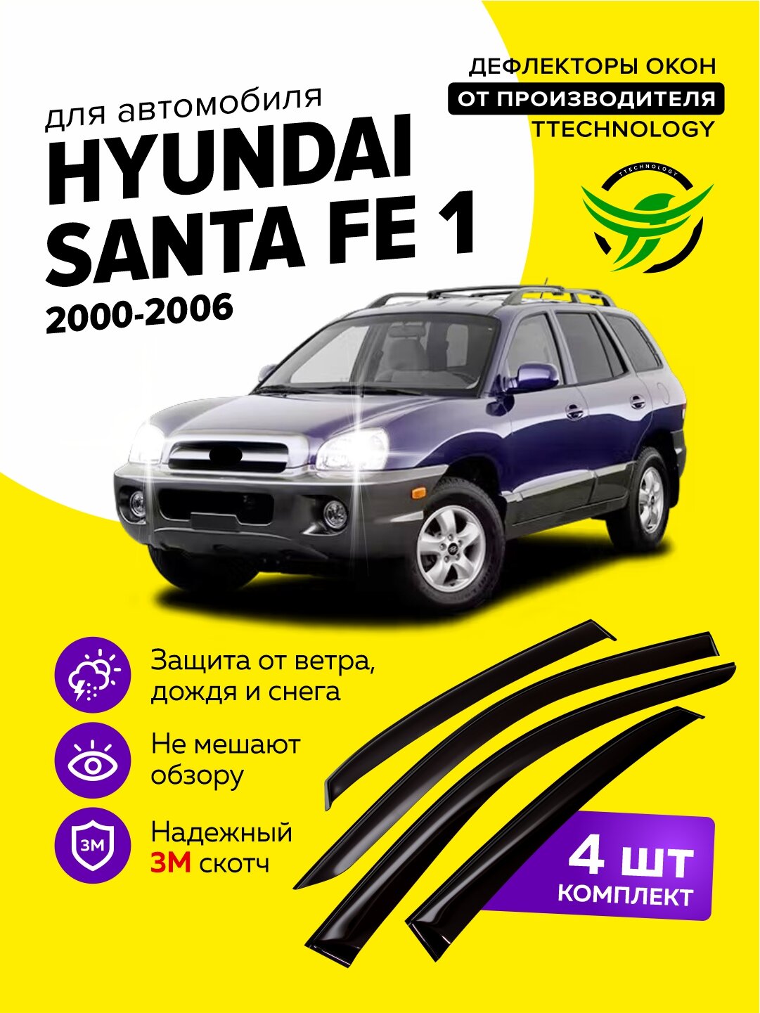 Дефлекторы боковых окон Hyundai Santa Fe 1 (Хендай, Хендэ, Хундай Санта Фе) 2000-2006, ветровики на двери автомобиля, ТТ