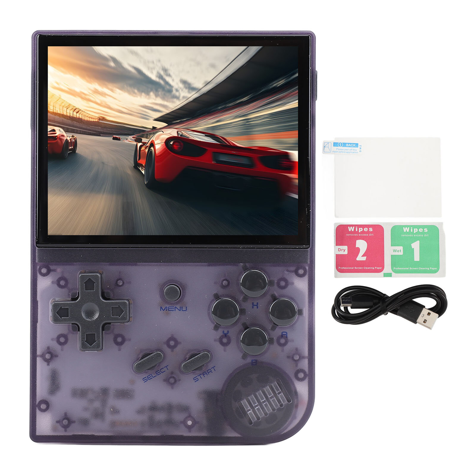 Ретро-игровая консоль на 64 ГБ с 3,5-дюймовым IPS-экраном, поддержкой геймпада 640x480, мультимедийным интерфейсом высокой четкости и выходом на телевизор, прозрачно-фиолетового цвета.