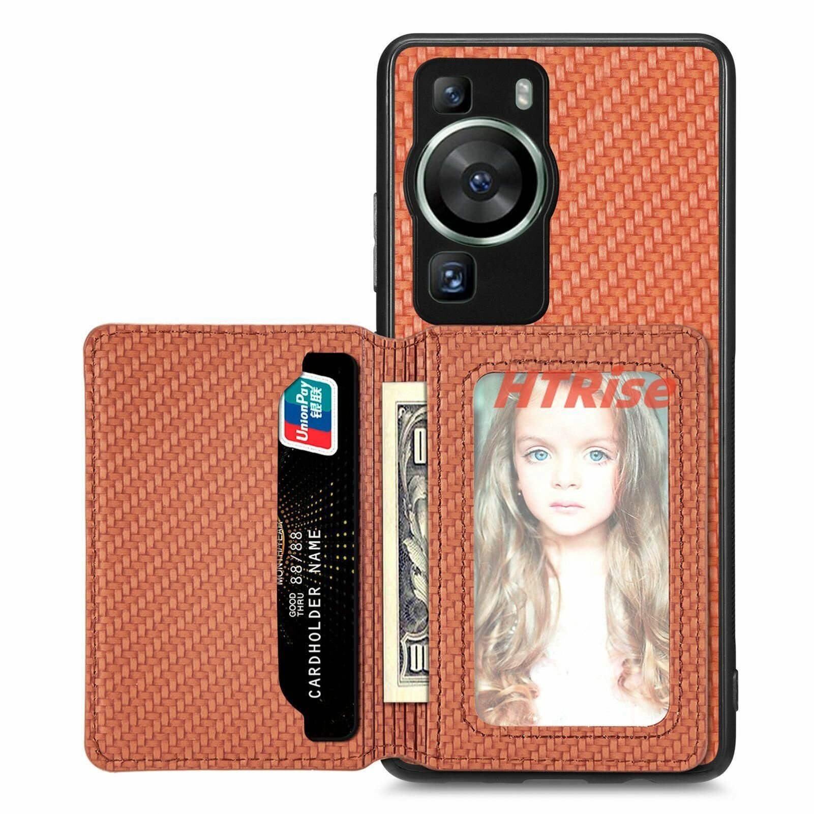 Чехол на Huawei P60 и P60 Pro (Хуавей П60 и П60 Про) с картхолдером, кожаный чехол с карбоновой текстурой(коричневый)