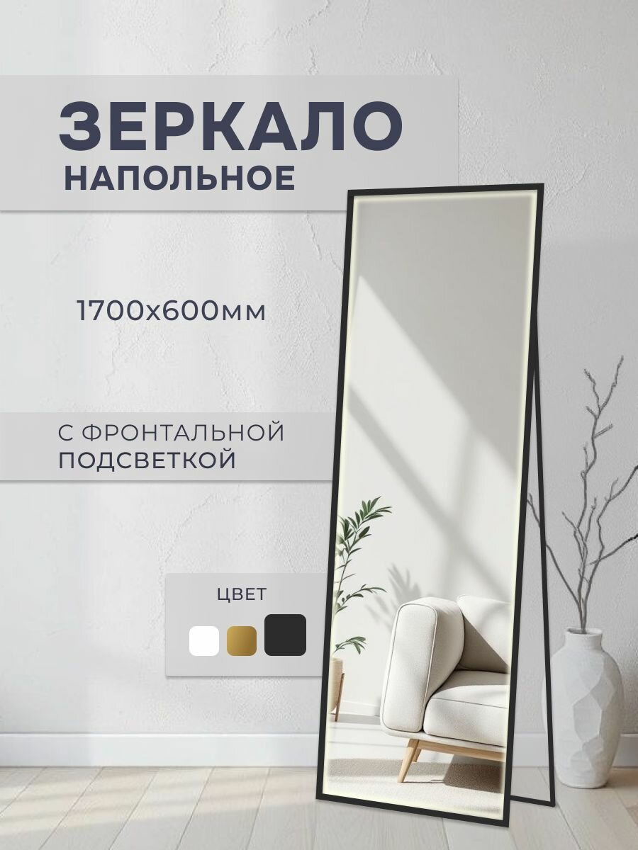 Напольно-настенное зеркало с контурной LED подсветкой в чёрной алюминиевой раме размером 170х60см, DOORMEBEL