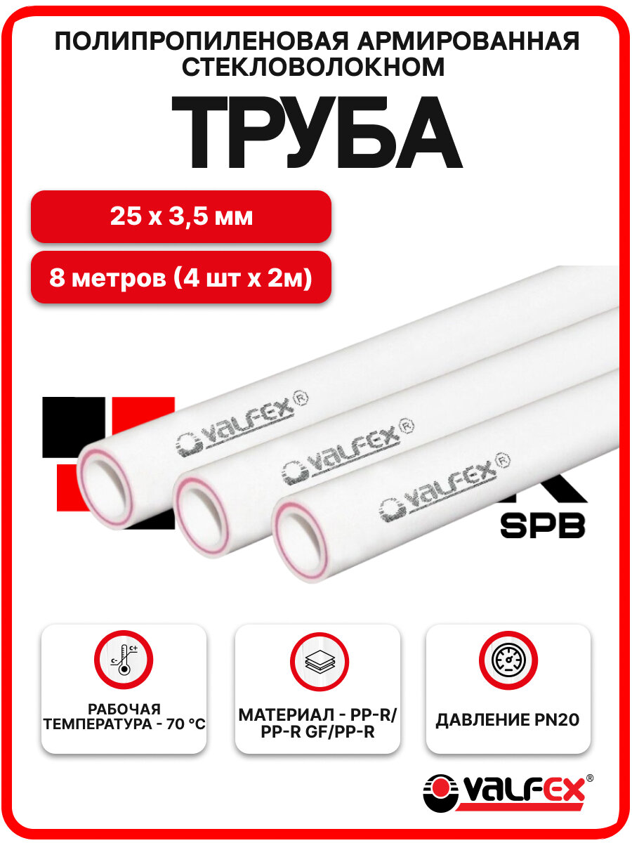 Труба арм. стекловолокном SDR 7.4 PN20 ф25х3,5 мм штанга 2 метра (Valfex) белая 4шт/упак