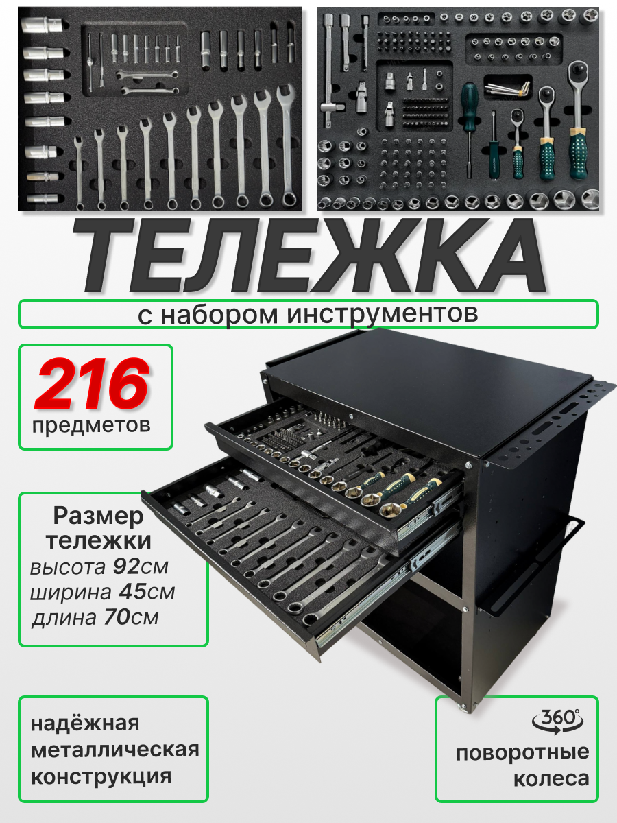 Тележка инструментальная Rockforce с набором инструментов 216 предметов в Мягких ложементах