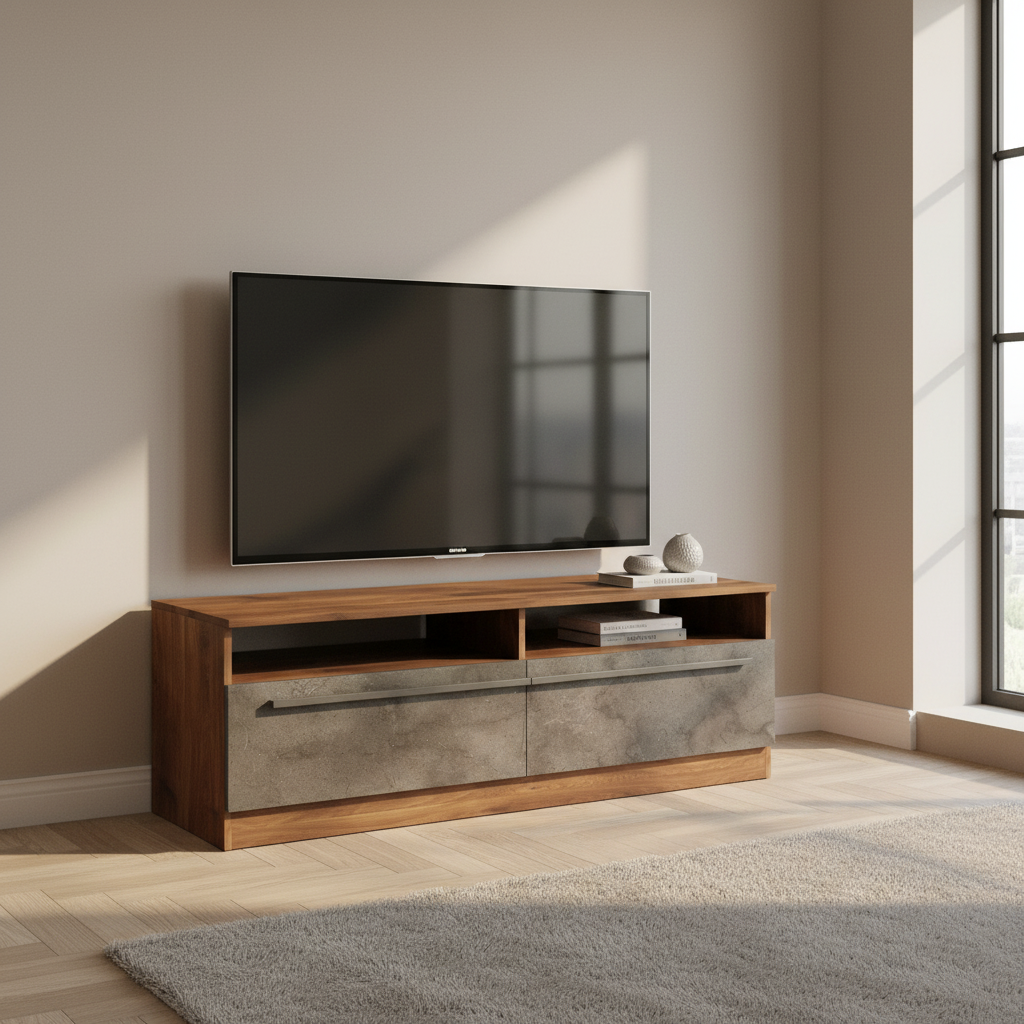 Тумба под телевизор напольная Аравия-Эстер, 140х53х47.8 см, 2 ящика, 2 полки, Дуб Кастелло Бренди/Ароза