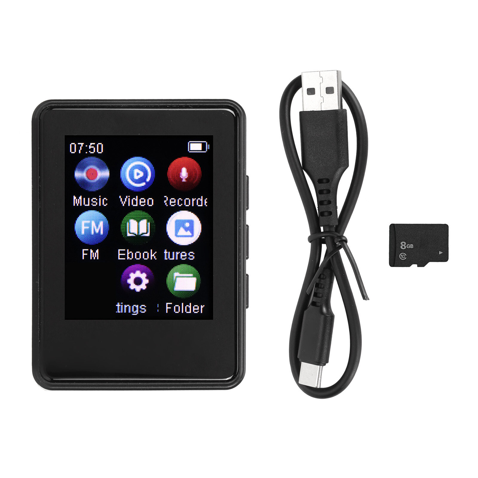 Плеер MP3 с Bluetooth 5.0, сенсорным экраном 1.77 дюйма, стереозвуком Hi-Fi, FM-радио, функцией записи, поддержкой MP4 и картой памяти на 8 ГБ.