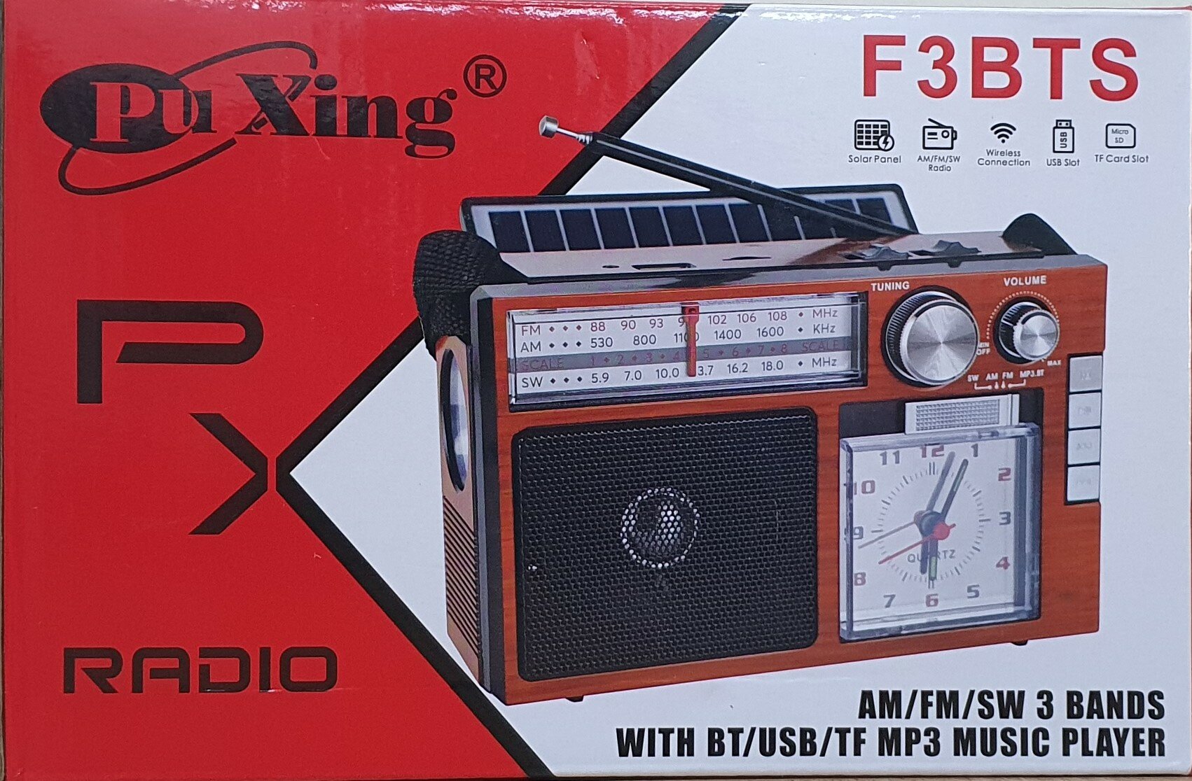 Радиоприёмник Pu Xing F3BTS (аккум, Bluetooth, microSD, USB, MP3, Solar, часы, фонарь)