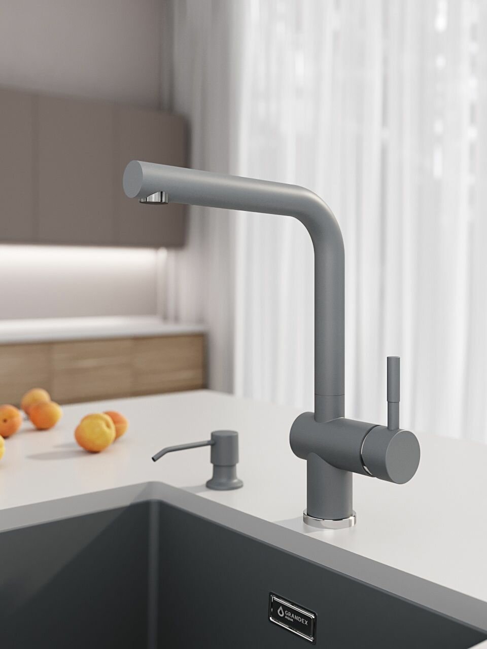 Смеситель на кухню для мойки из камня Grandex Aqua BASIC-L, серый бетон, нержавеющая сталь
