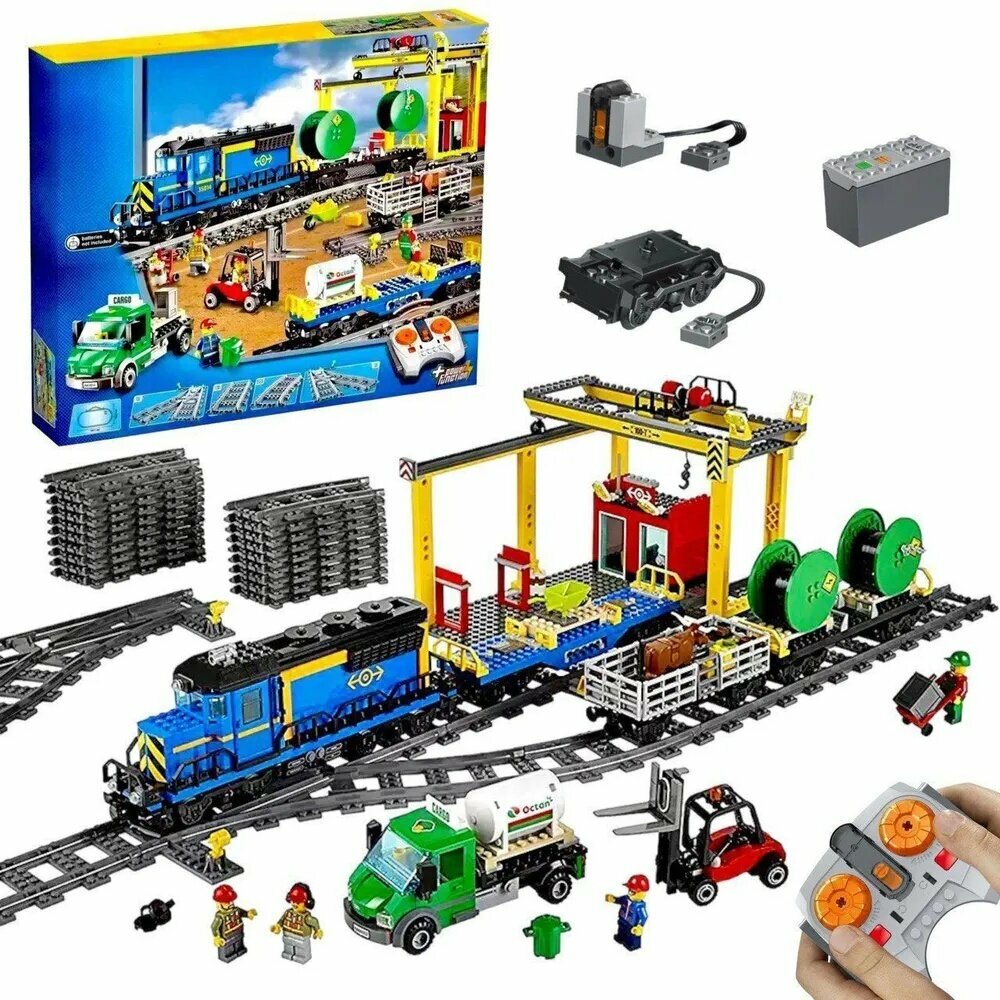 Конструктор грузовой поезд с дистанционным управлением — 888+ деталей, железная дорога + город, совместим с Лего