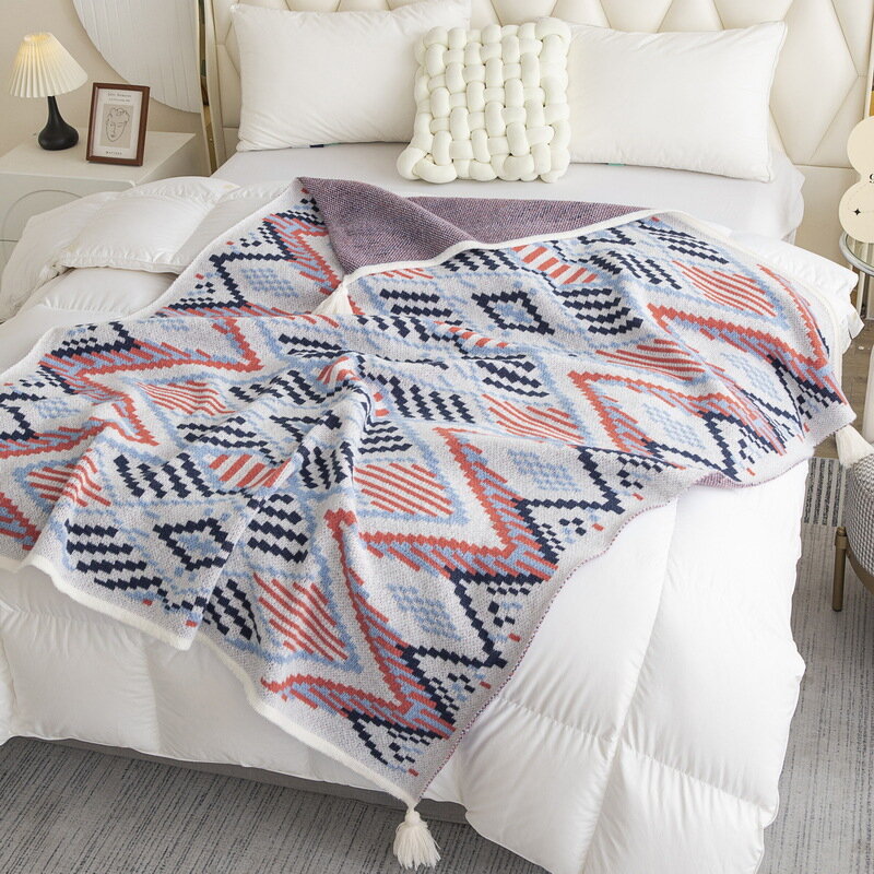 Винтажное вязаное одеяло из полиэстера/хлопка, Двустороннее одеяло, 130x170cm