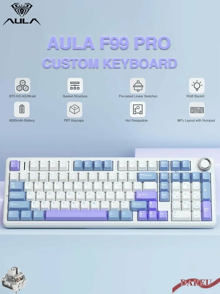 AULA Игровая клавиатура беспроводная Беспроводная механическая клавиатура Aula F99, 98%, Bluetooth 5.0, 2.4Ghz, USB Type-C, Подарок: стикеры на русском языке, Английская раскладка, белый, фиолетовый