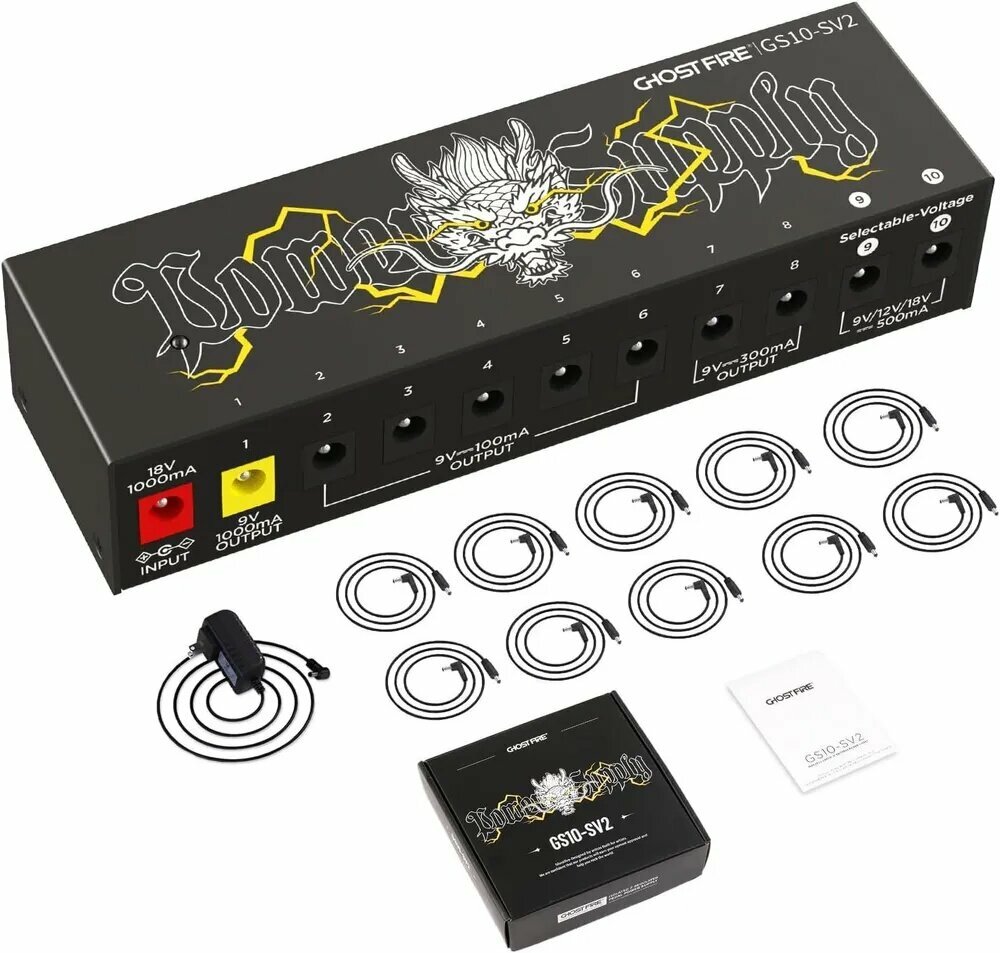 10-выходной источник питания для гитарной педали 9 В/1000 мА, высокий ток для педалей эффектов 9 В/12 В/18 В Ghost Fire, GS10-SV2