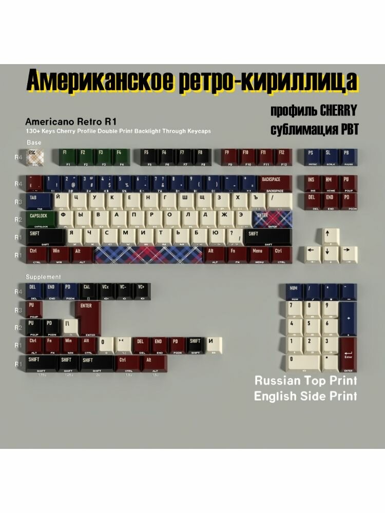 Кейкапы для механической клавиатуры PBT клавиши, тема<Американское ретро>, кириллица, профиль CHERRY, Двойная гравировка пропускания света