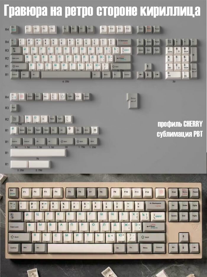 Кейкапы для механической клавиатуры PBT клавиши, тема<Гравюра на ретро стороне>, кириллица, профиль CHERRY, Двойная гравировка пропускания света