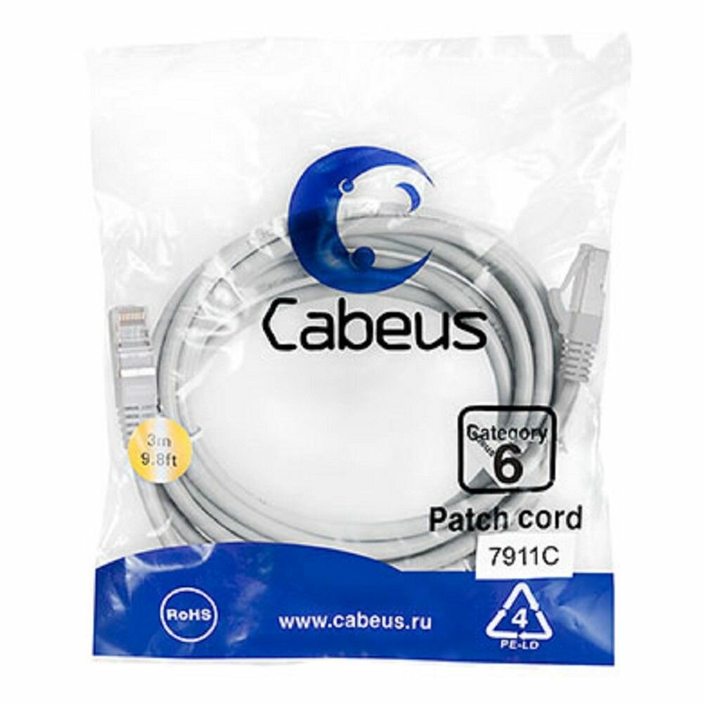 Cabeus Патч - корд PC - FTP - RJ45 - Cat.6 - 3m - LSZH, серый, LSZH, 3м