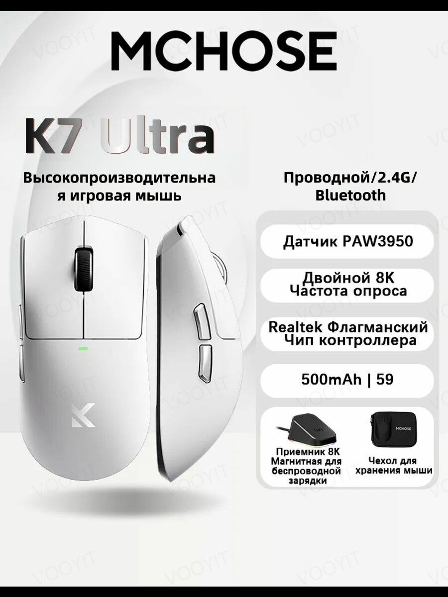 MCHOSE Беспроводная мышь K7 Ultra, Проводной/2.4G/Bluetooth, 500 mAh, белый