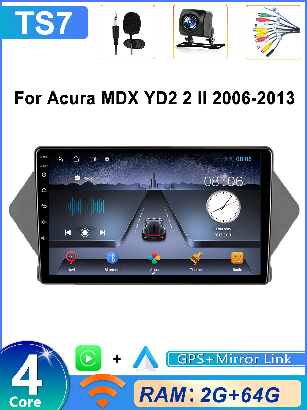 Автомагнитола для Acura MDX YD2 2 II 2006-2013, Bluetooth Wi-Fi Сенсорные кнопки , Серебристый CARPLAY IPS