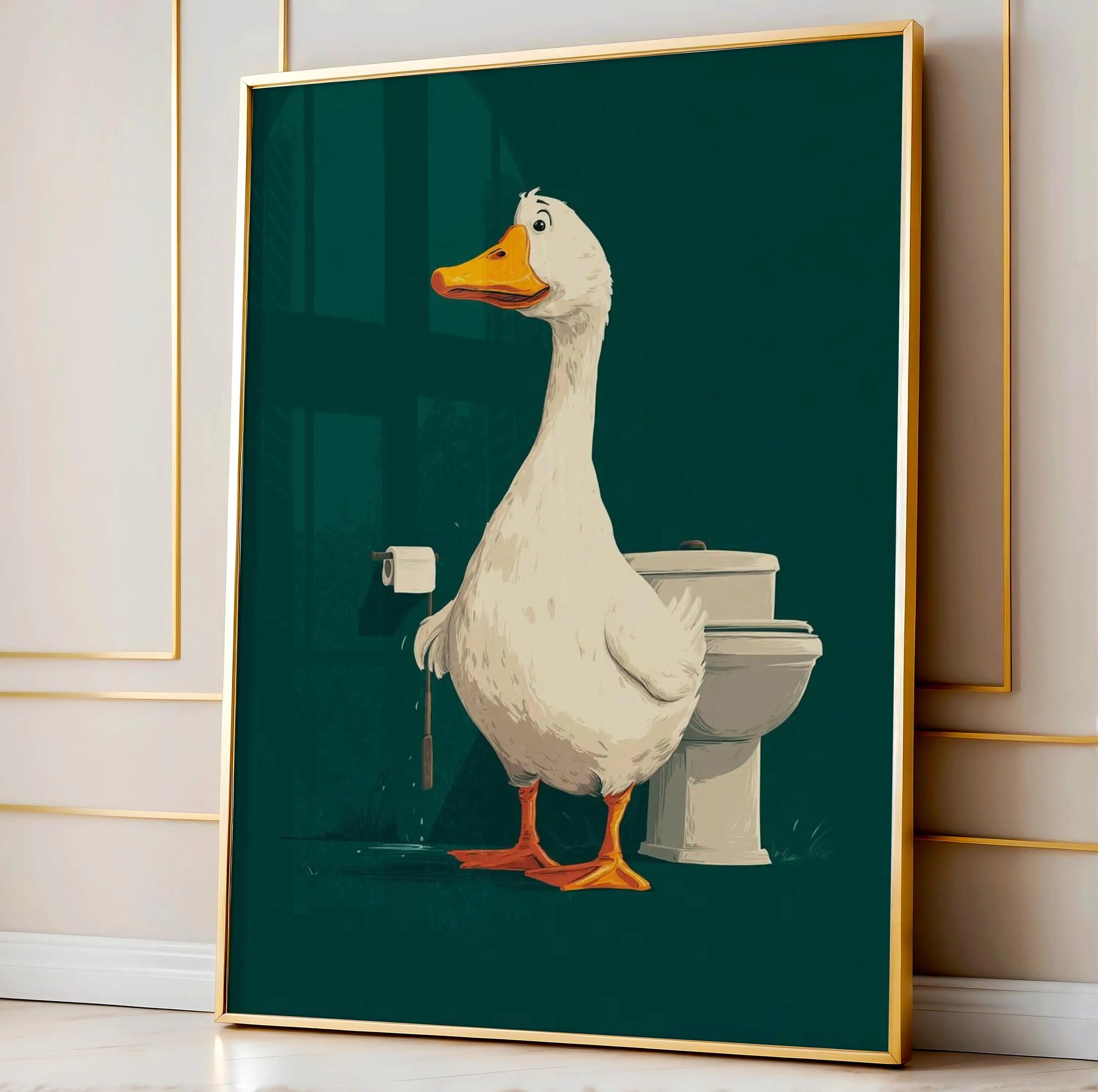 Милый мультяшный гусь, снимающий ванну и чистить зубы, художественные постеры, свежий зеленый, милые животные, холст, картина, современный декор для ванной комнаты