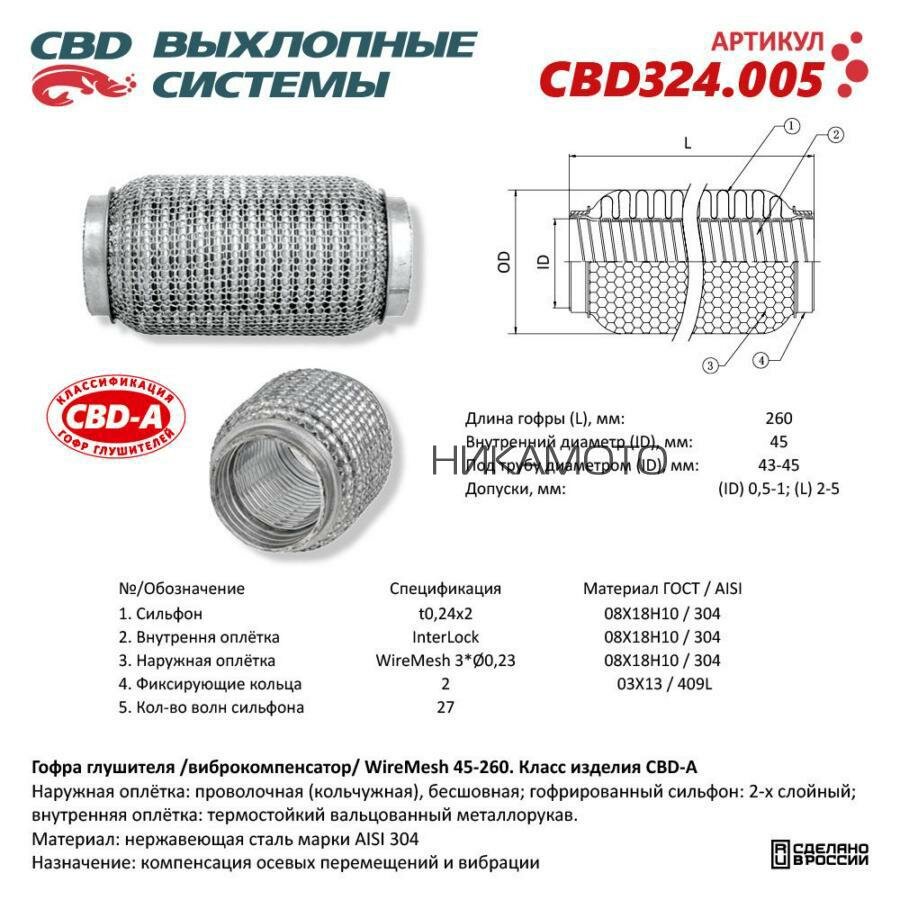 CBD CBD324005 Гофра глушителя 3х-сл WIRE MESH 45-260.