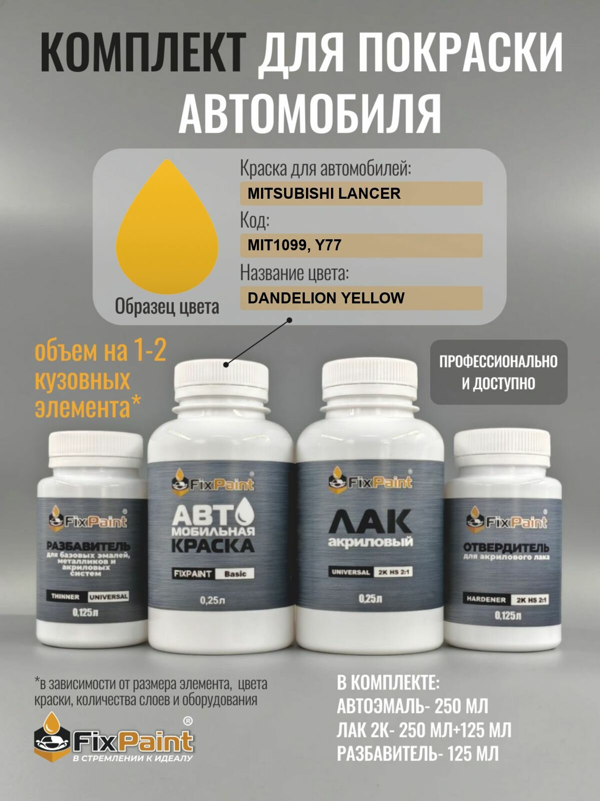 Комплект для покраски MITSUBISHI LANCER, код MIT1099, Y77, DANDELION YELLOW, базовая автомобильная краска 250 мл, лак 2K 250 мл с отвердителем, разбавитель 125 мл, FixPaint Pro