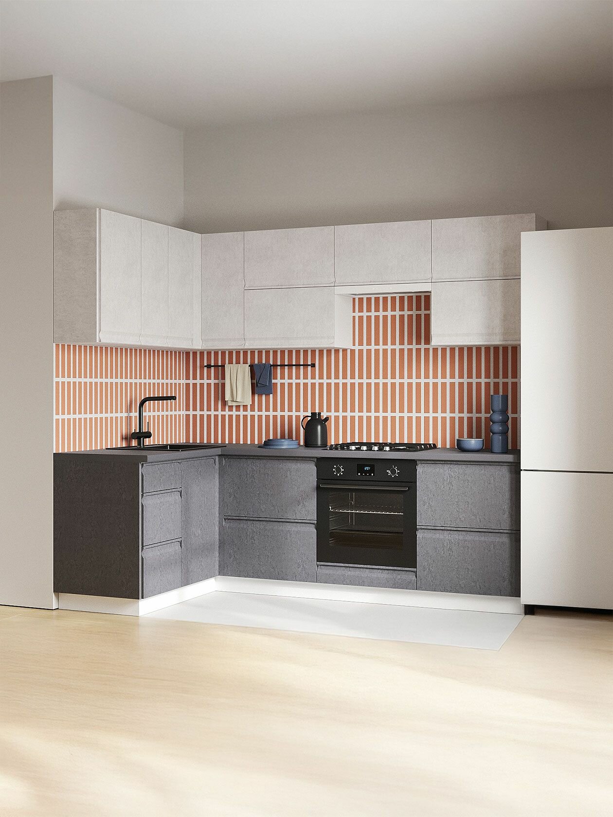 Кухонный гарнитур Велюр 240х140 см, мебель для дома и кухни, Белый / Бетон снежный / Бетон графит