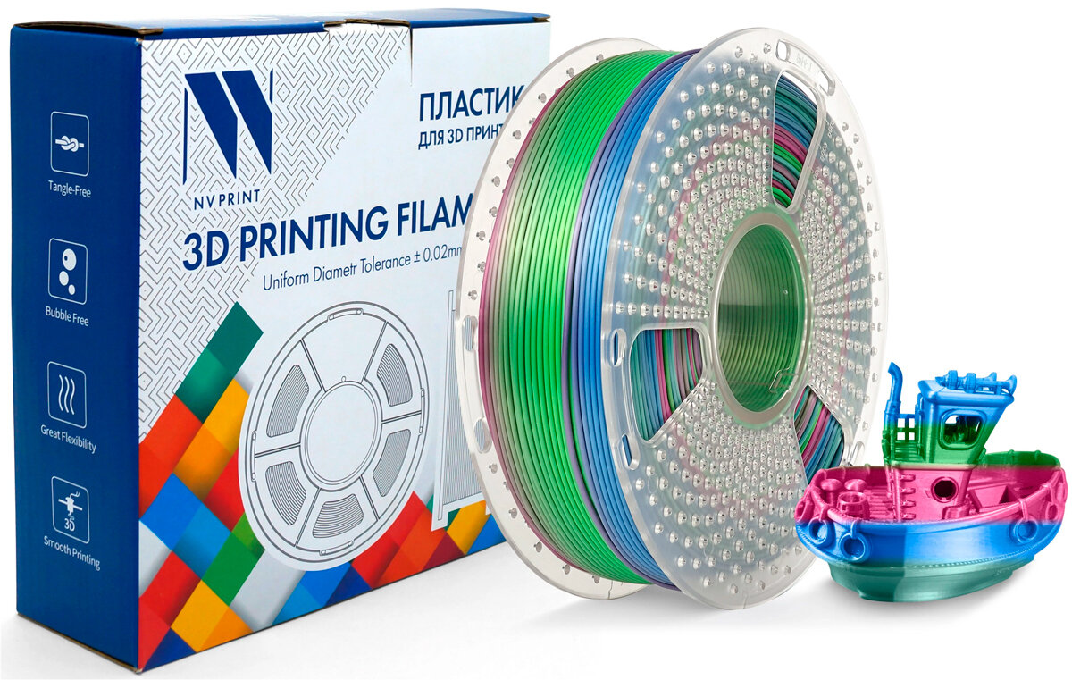 Филамент NV Print Silk PLA+ Rainbow 06 для 3D печати диаметр 1.75мм длина 330 метров масса 1 кг