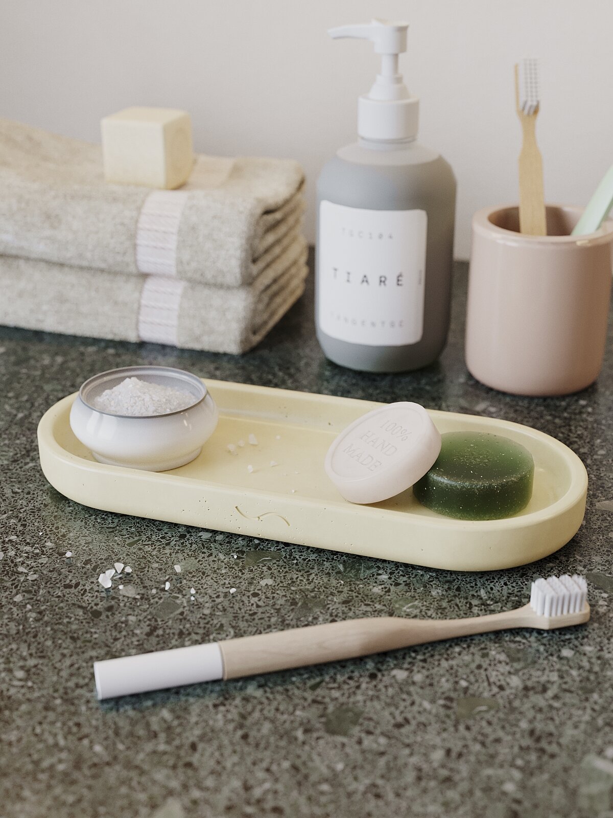 Декоративный поднос для ванной, подставка для косметики Astrid S, 26x11см, бетон, кремовый глянцевый