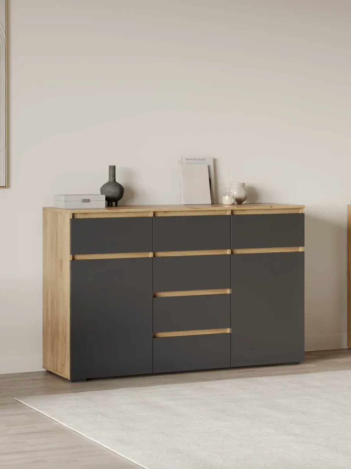 Хелен КМ 05 Комод 6 ящиков (1502х958х460), серый графит/дуб крафт золото
