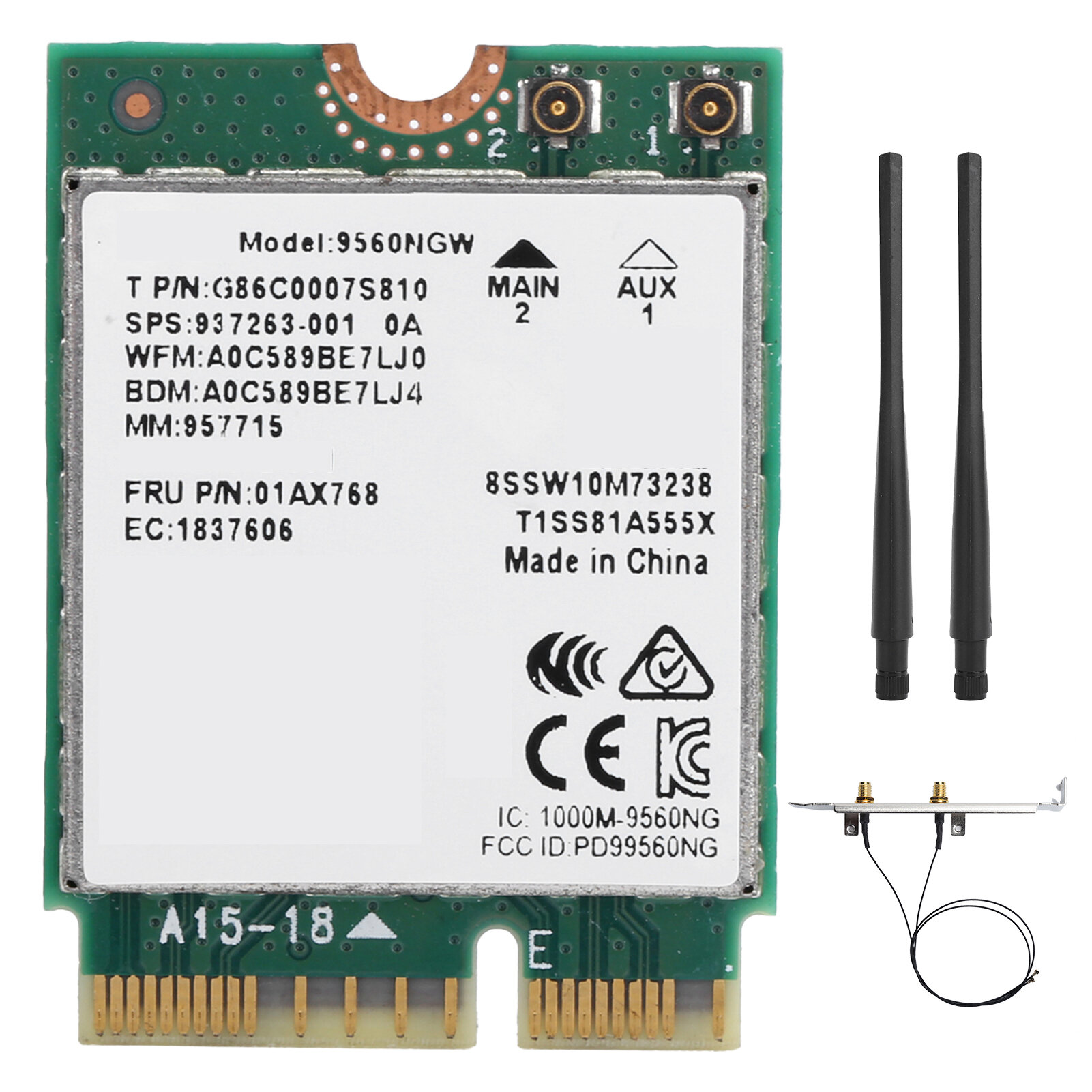 Беспроводная сетевая карта Bluetooth 5.0 802.11ac M.2 Wi-Fi адаптер с антенной 9560NGW, 1730 Мбит/с (в комплекте: соединительный провод, антенная перегородка)