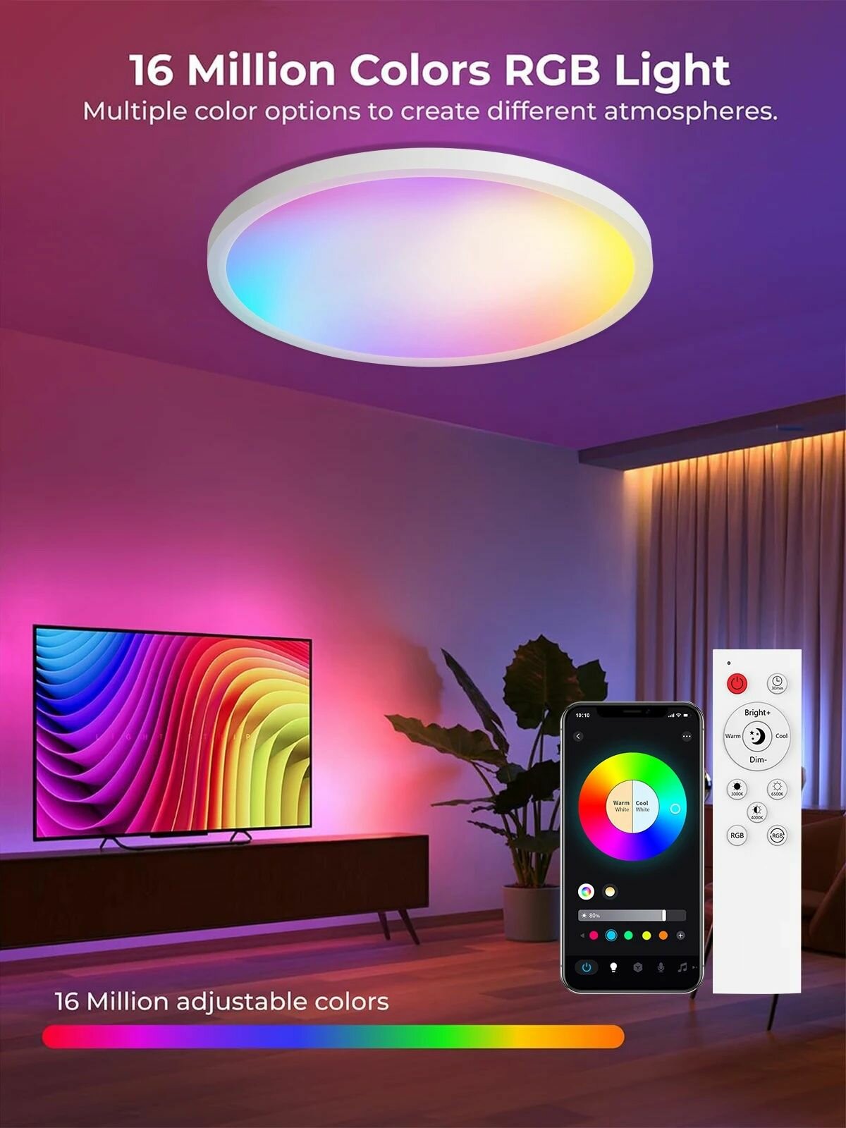 Смарт-светодиодный потолочный светильник RGB+CCT, С пультом дистанционного управления, совместим с голосовыми помощниками Alexa, 16 миллионами мультицветов и функцией атмосферного освещения