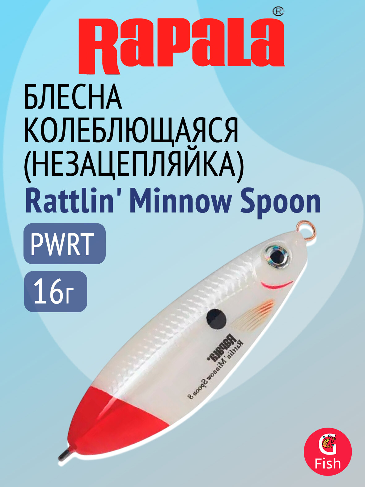 Блесна для рыбалки колеблющаяся RAPALA Rattlin' Minnow Spoon, 8см, 16гр /PWRT (незацепляйка)