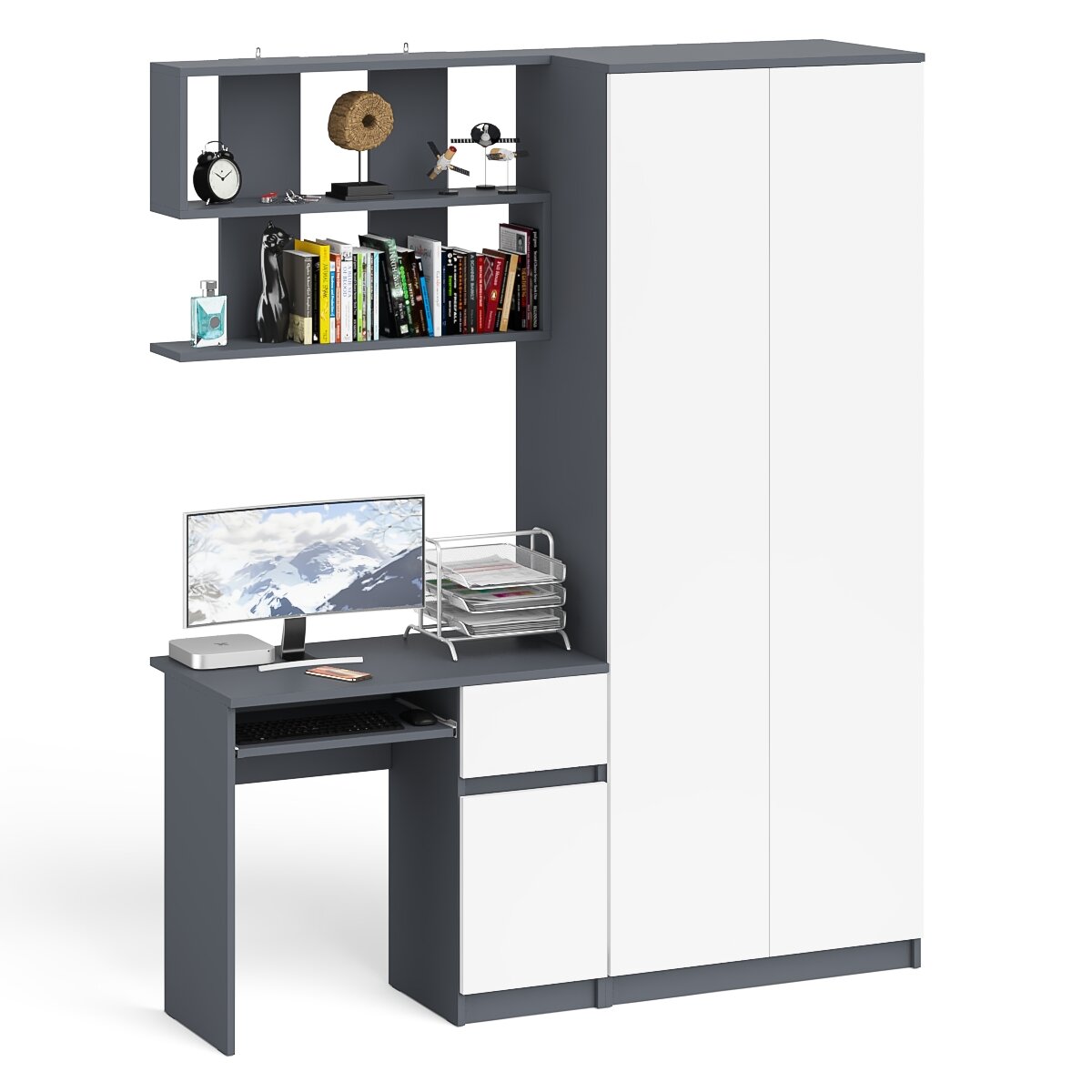 Компьютерный стол однотумбовый правый с полкой и платяной шкаф Мори МШ800.1, графит/белый, 170,4х50,4х209,6 см