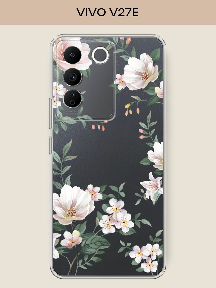 Чехол на Vivo V27e / Виво V27e с принтом "Beautiful white flowers", прозрачный
