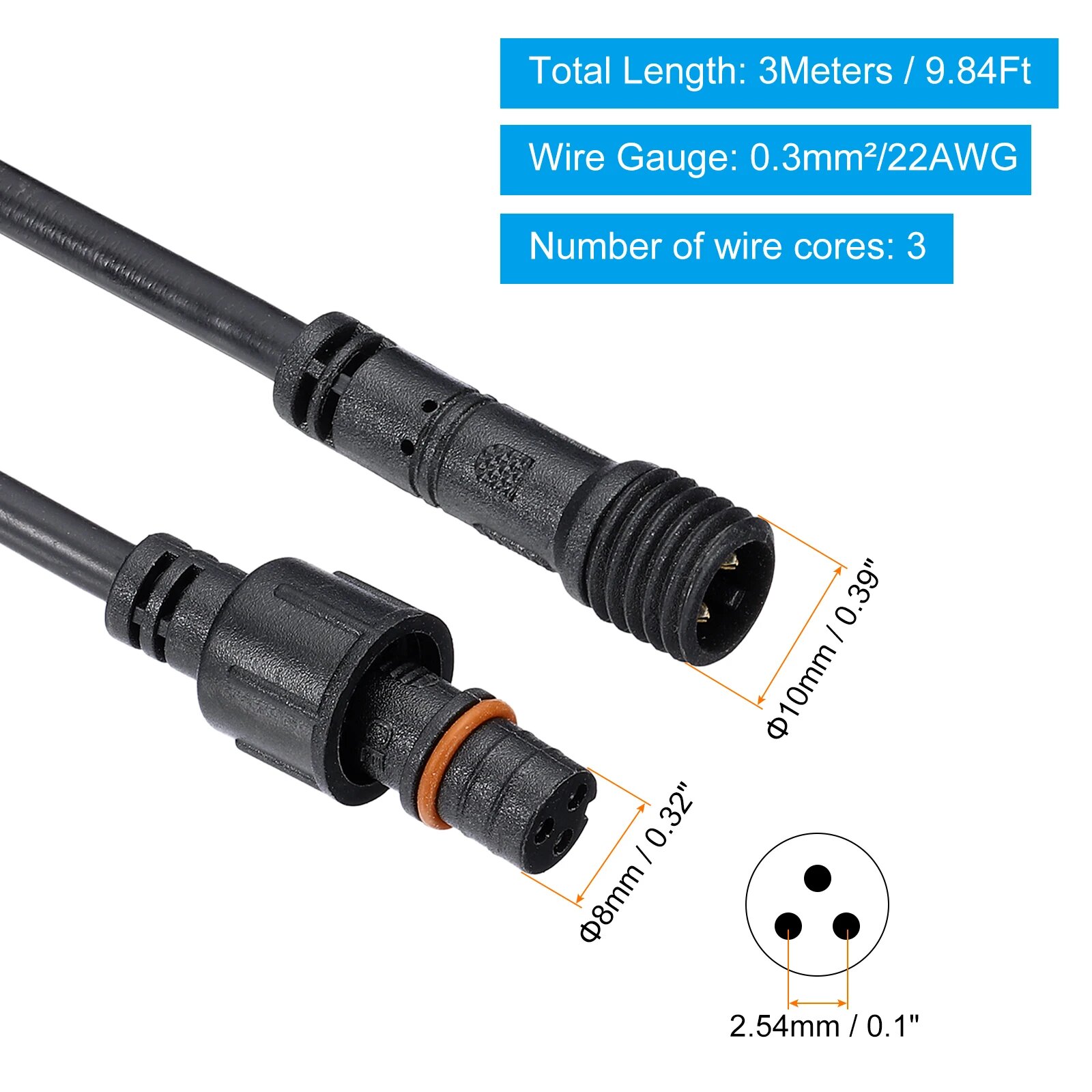 UXCELL Водонепроницаемый удлинитель кабеля 1-5 м 18AWG/22AWG 2/3/4 Pin 3m 3Pin 22AWG 1Pcs