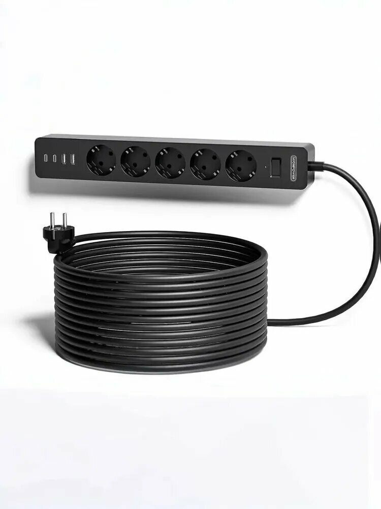 Сетевой фильтр с выключателем GPC Удлинитель сетевой, 5розетки 2USB-А 2USB-С, 5 м удлинитель, Множественная защита безопасности, черный