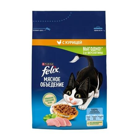 FELIX Мясное Объедение 3 кг сухой корм для взрослых кошек, с курицей