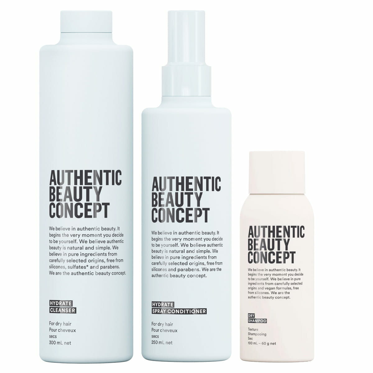 Набор Authentic Beauty Concept "Hydrate", шампунь, сухой шампунь, спрей, для сухих и тонких волос