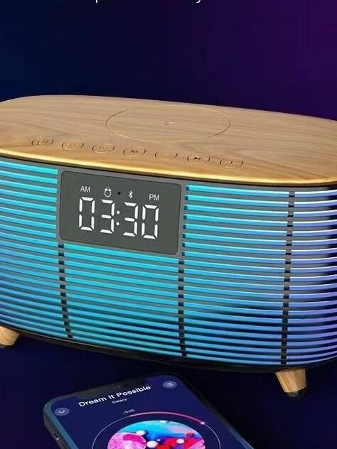 Настольные радио часы с будильником белая подсветка FM радио Bluetooth AUX USB MicroSD MP3 RGB беспроводная зарядка