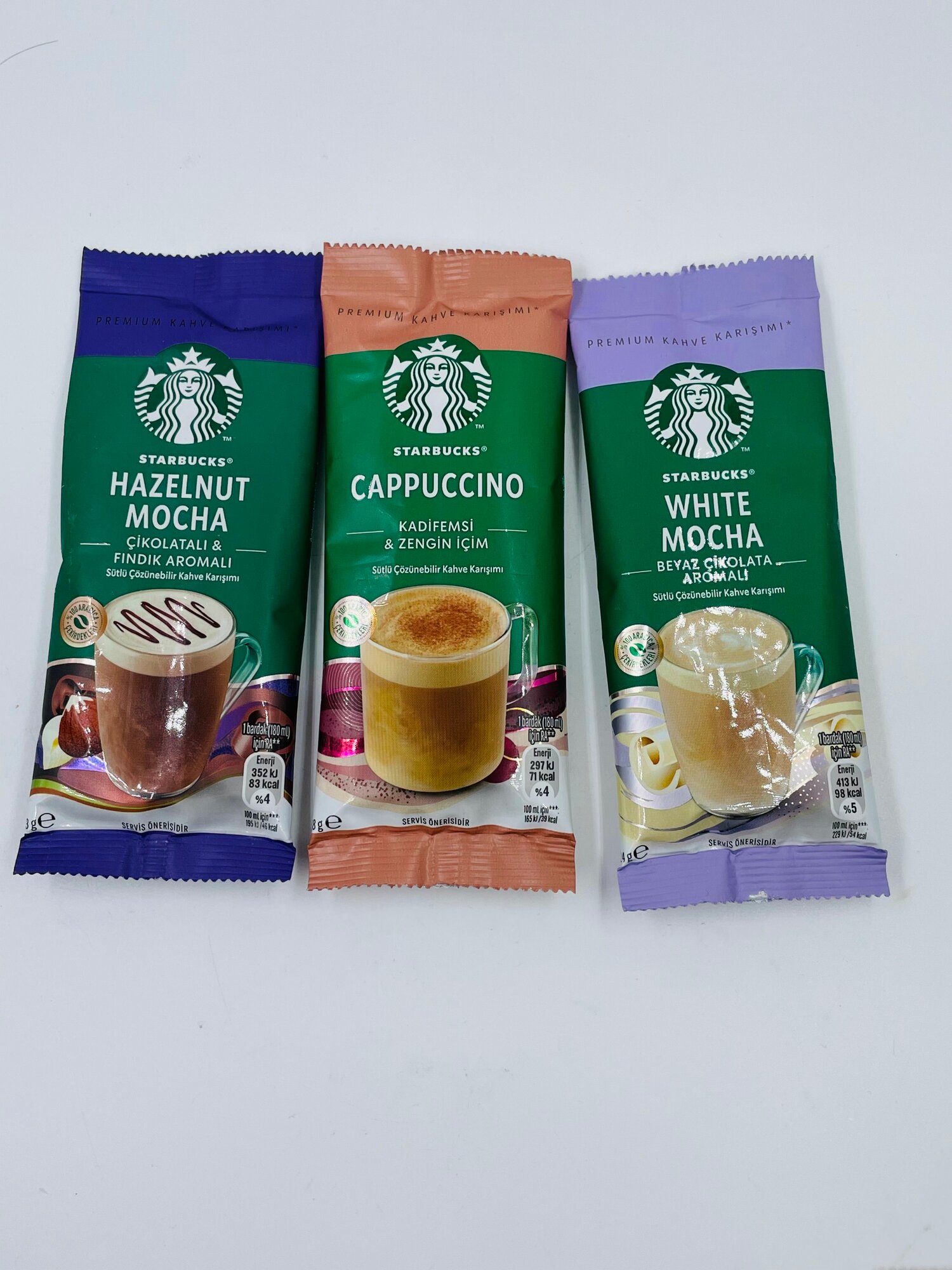 Starbucks кофе растворимый ассорти (White Mocha, Cappuccino, Hazelnut Mocha), 3 саше-пакетика, 65 г (Турция)