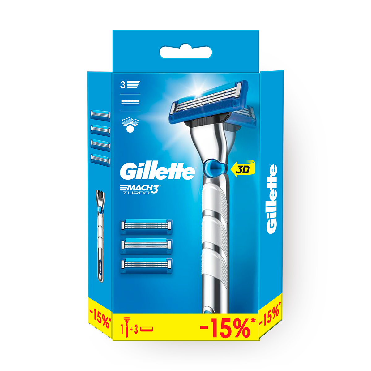 Бритва Gillette MACH3 Turbo, многоразовая, 3 лезвия, 3 кассеты, серебристо-голубая