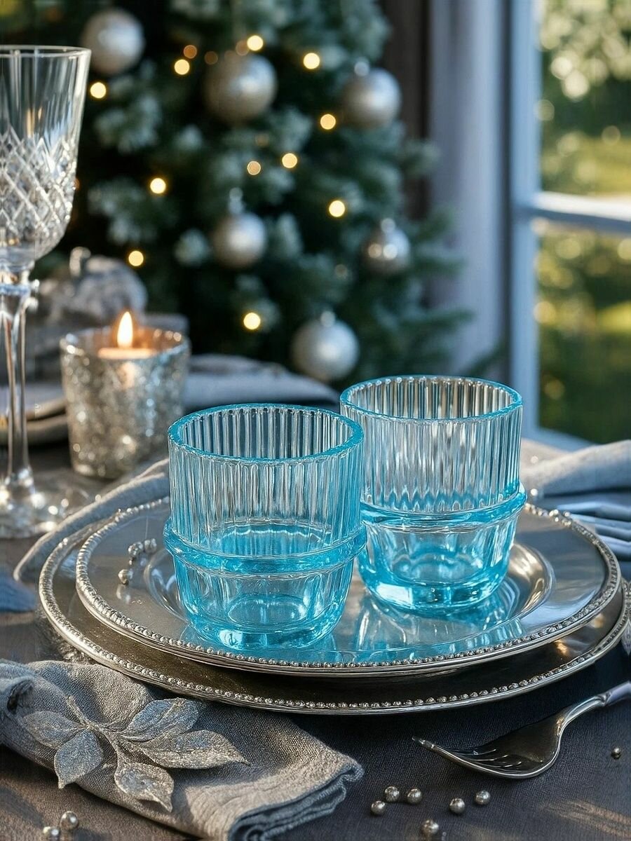 Набор стаканов цветных, голубых 2 шт, 340 мл, с рисунком. Коробка подходит для подарка. Упрочненное цветное стекло, для воды, пива, коктейлей.