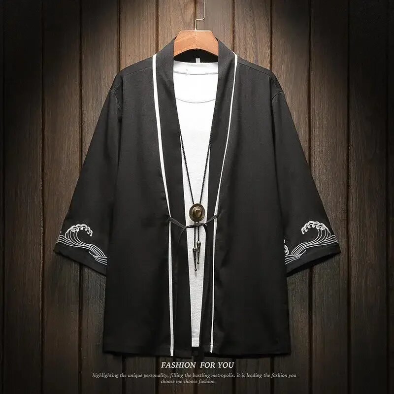 Мужское кимоно с китайским драконом из хлопка и льна Черный, L, Style F